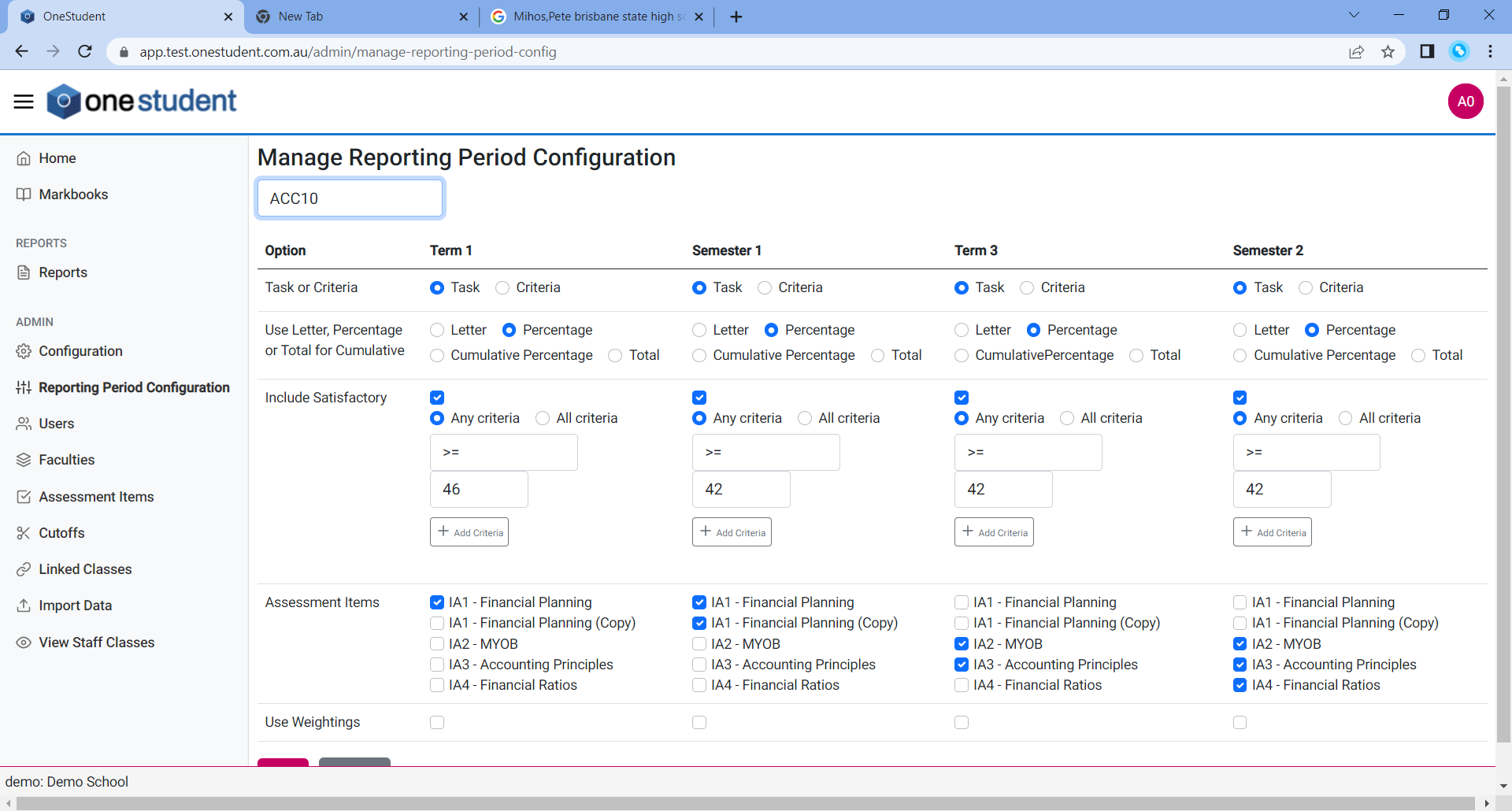 Reporting Period Configuration – OneStudent