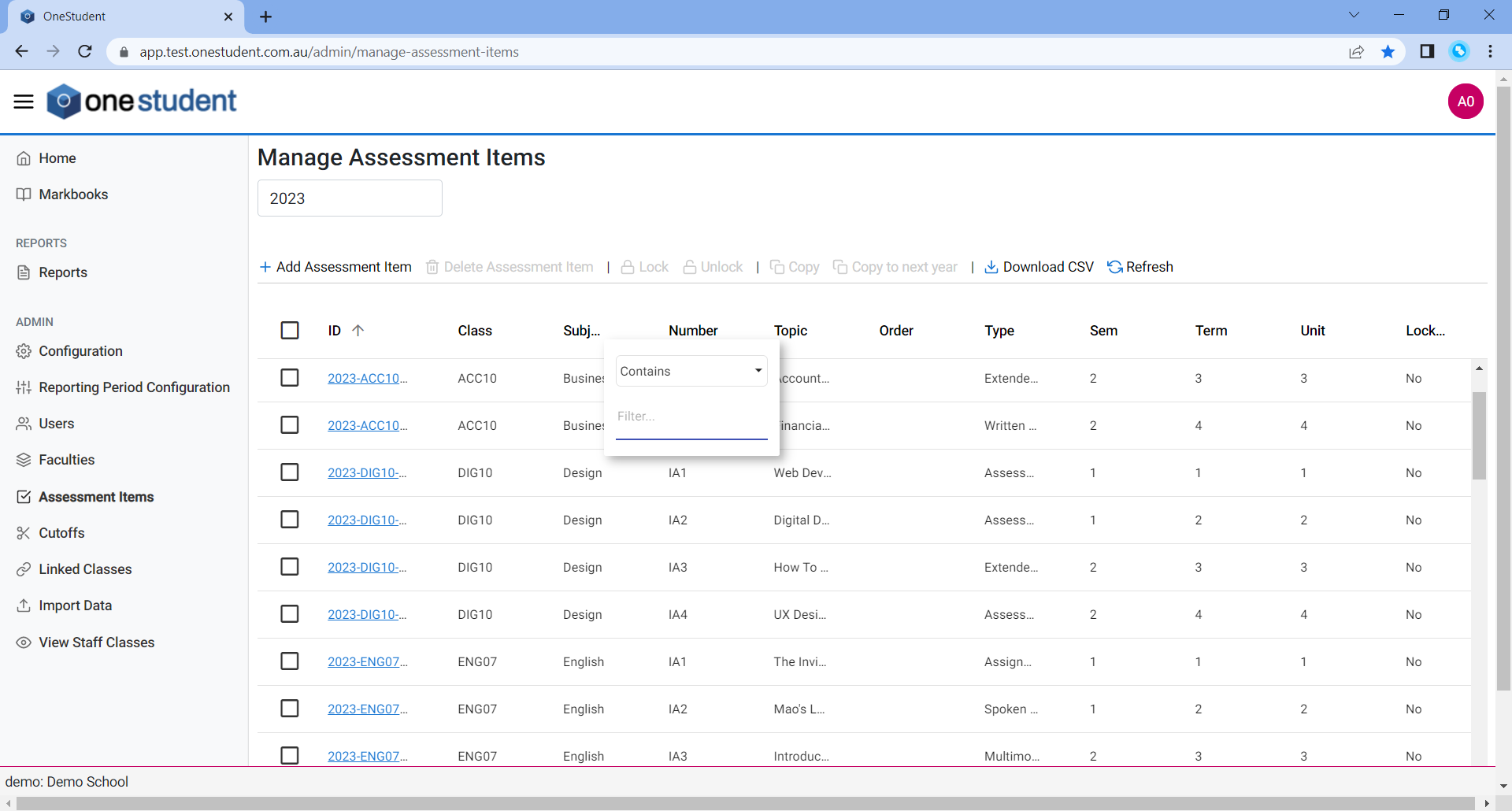 Assessment Items – OneStudent